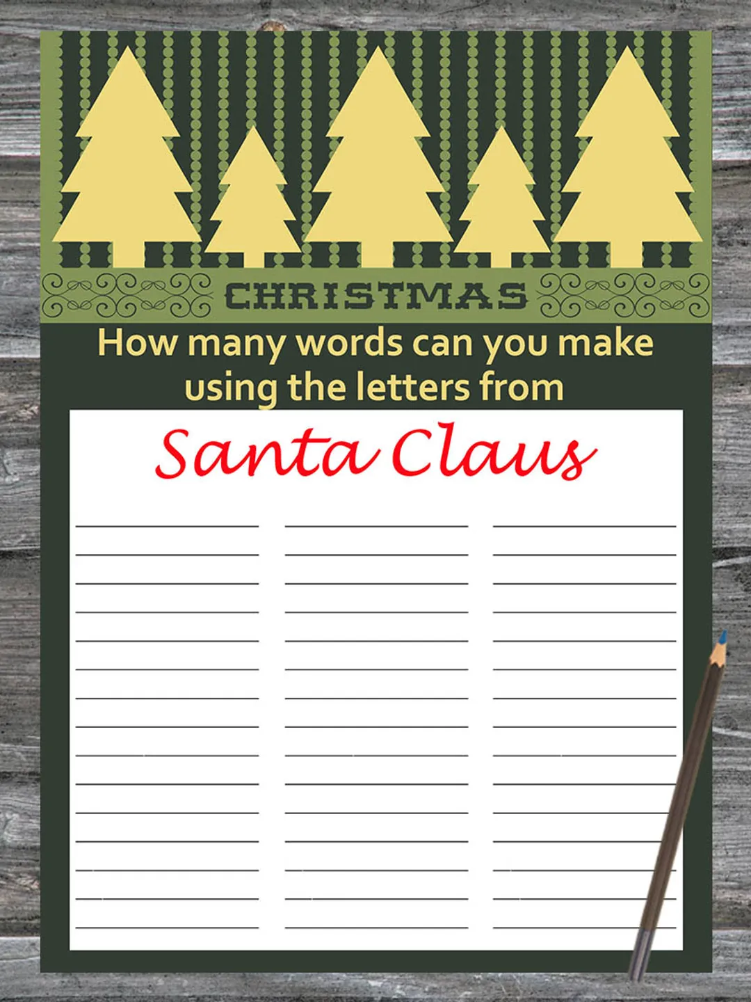 Christmas party games,How Many Words Can You Make From Santa Claus,Gold ...