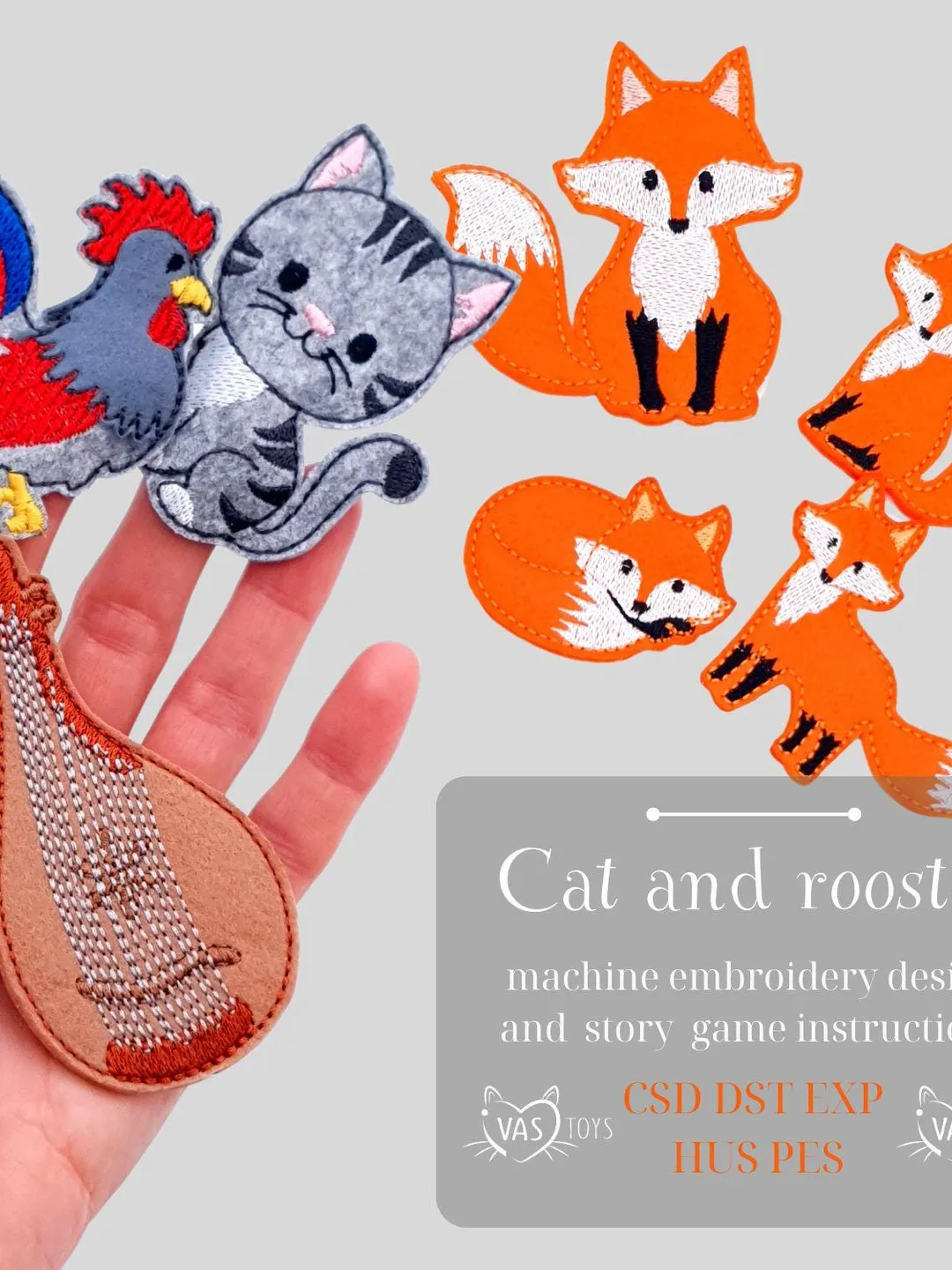 Cat Rooster Fox Finger Puppet Theater ITH, Felt Animal Puppets & Scene ...