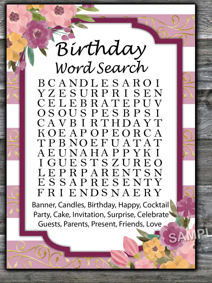 Pink Striped Birthday Word Search Game,Adult Birthday party game-fun ...