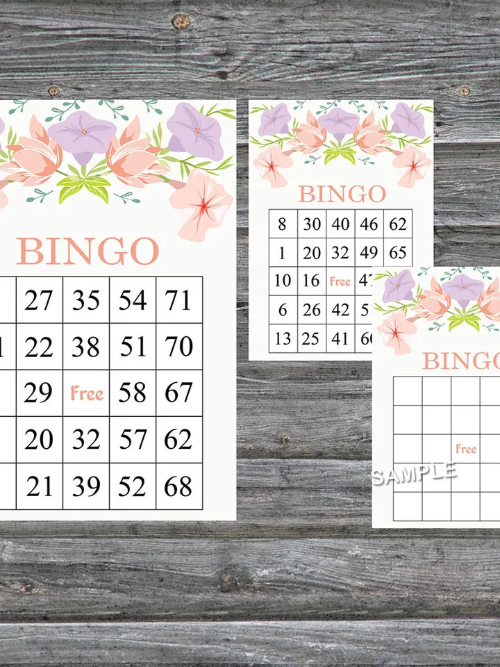 Pink and purple Flowers bingo game card,Floral bingo game card,Floral ...