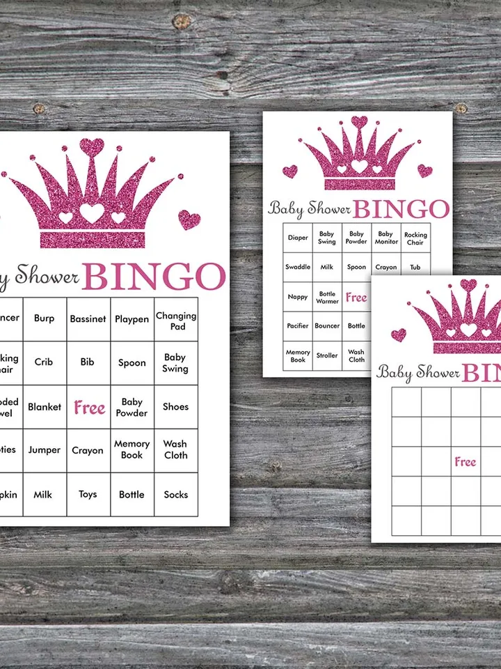 60 Princess theme Baby Shower Bingo Cards,Pink crown Baby Shower Bingo ...