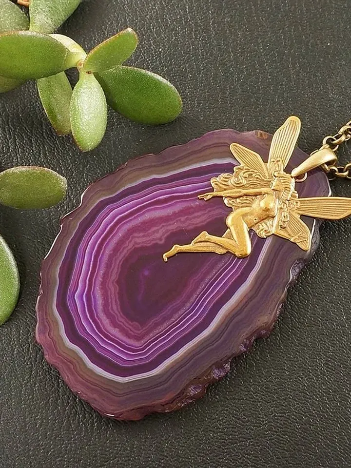 Purple Agate Slice Slab Necklace Lilac Ultra Violet Brass Fairy ...