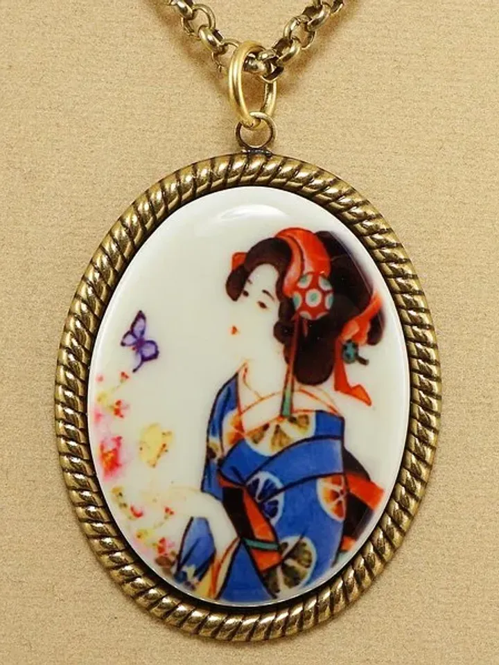 Geisha Porcelain Cameo Necklace Japanese Lady Asian Oval Pendant Woman ...