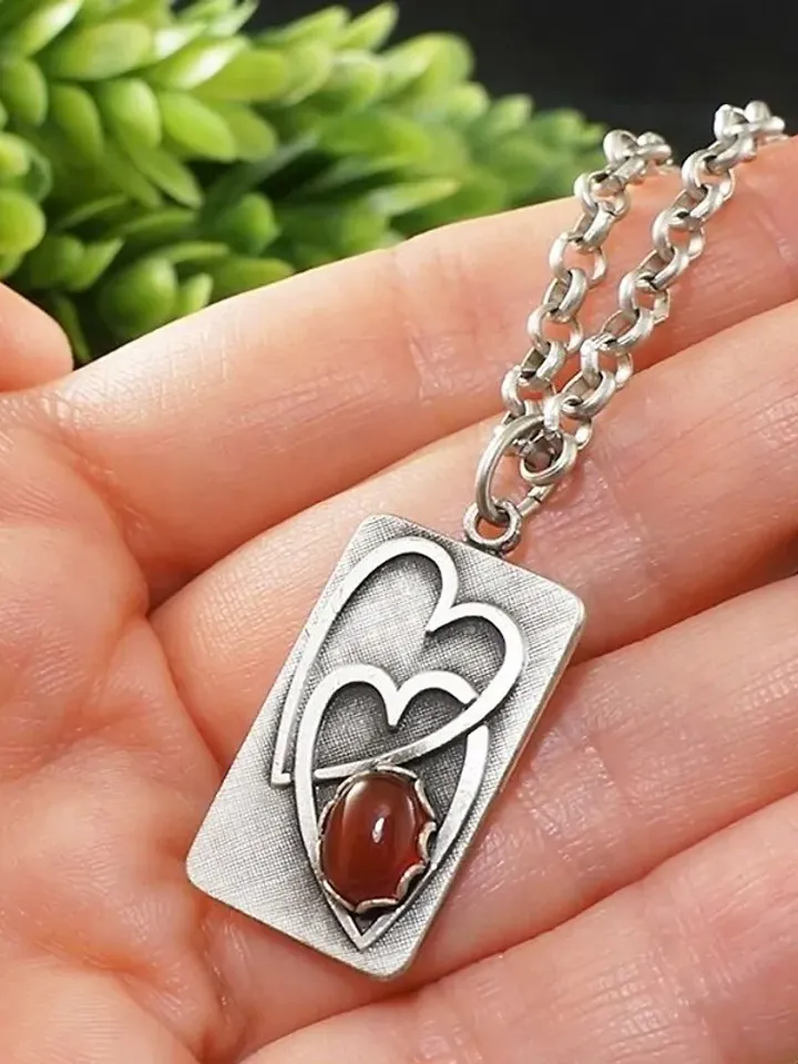 Two Loving Hearts Necklace Carnelian Heart Rectangle Pendant Necklace ...