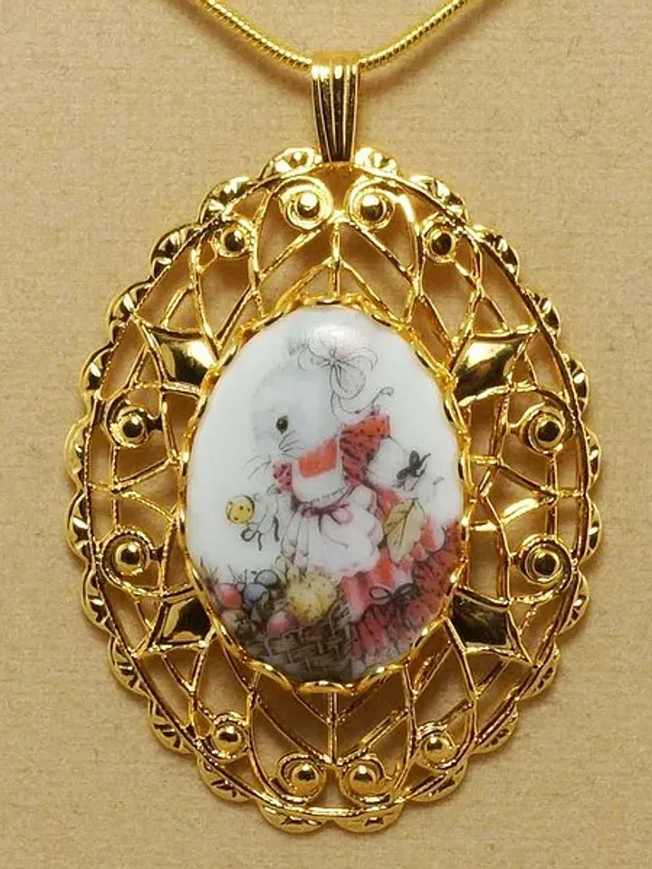 Cute Bunny Rabbit Hare Porcelain Cameo Golden Filigree Pendant Necklace ...