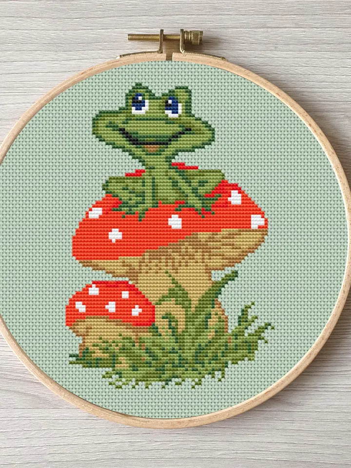 Frog on a mushroom pattern pdf cross stitch, animals embroidery DIY $7. ...