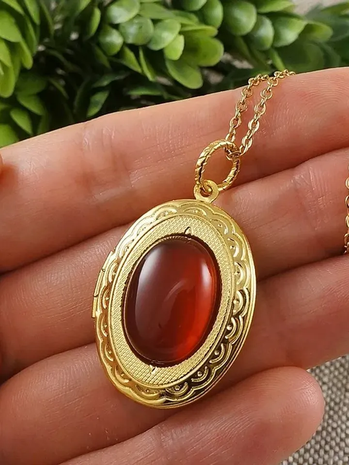 Carnelian Photo Locket Orange Fire Red Golden Oval Pendant Necklace ...