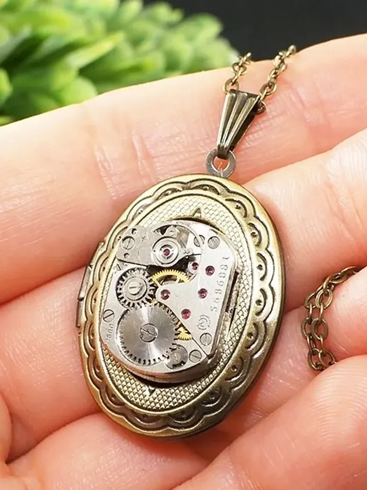 Steampunk Locket Necklace Watch Parts Mechanism Gears Pendant Necklace ...