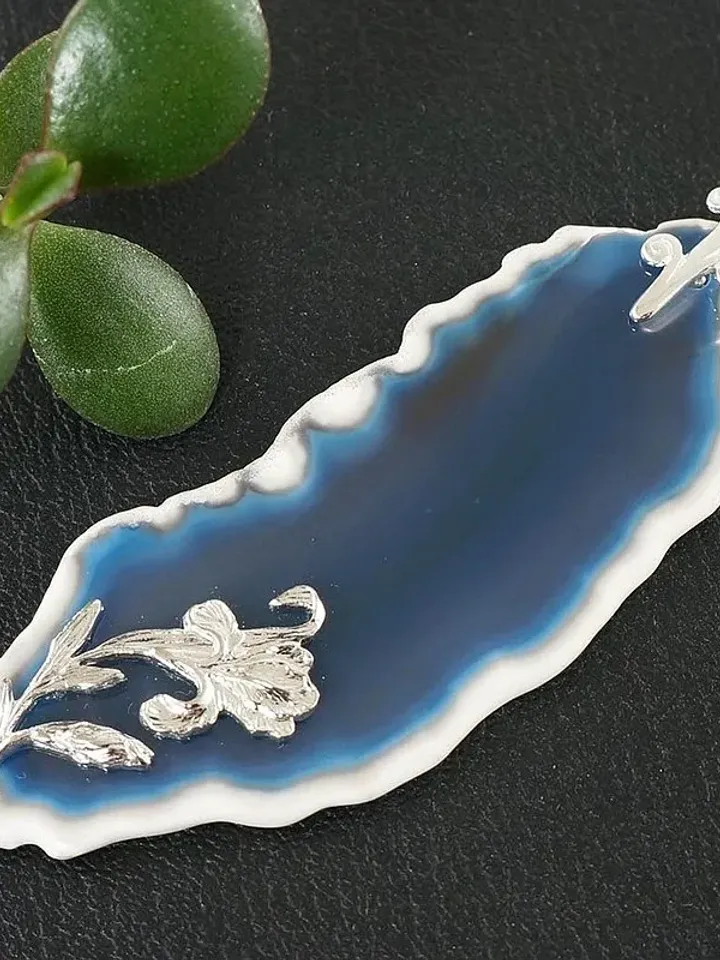 Blue Gray Agate Slice Slab Silver Iris Flower Floral Pendant Necklace ...