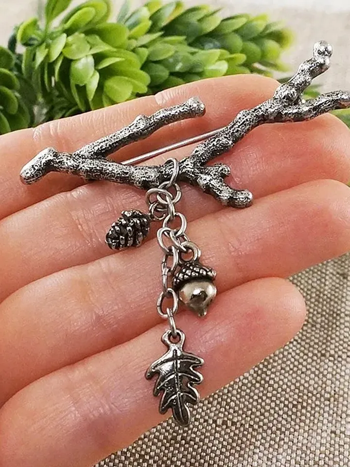 Silver Branch Forest Pin Brooch Acorn Oak Leaf Pine Cone Brooch Jewelry ...