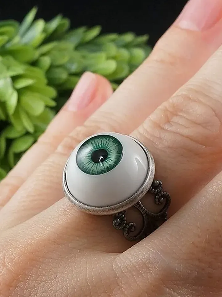 Green Human Eye Ring Evil Eye Silver Adjustable Protection Amulet Ring ...