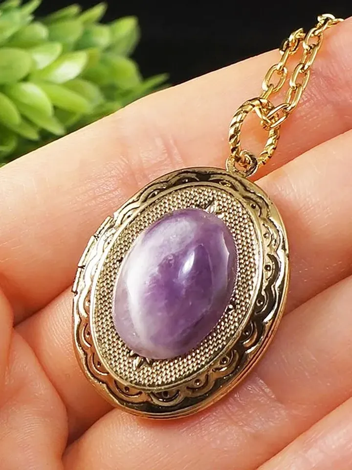 Amethyst Locket Necklace Lilac Purple Oval Gold Locket Pendant Necklace ...