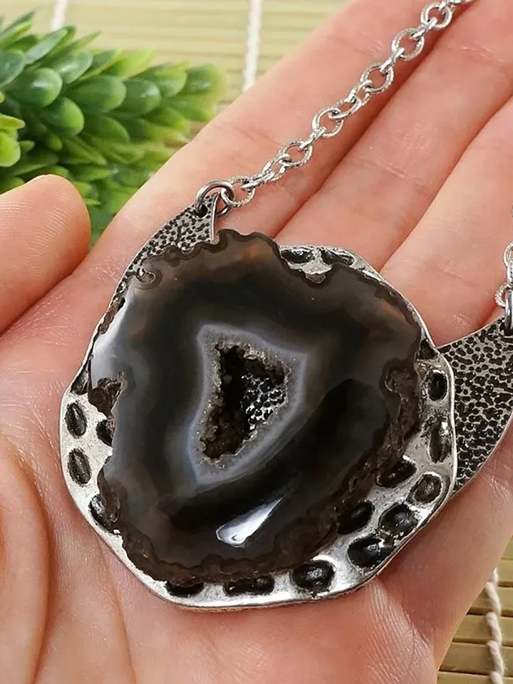 Black Agate Geode Slice Slab Silver Ethnic Boho Pendant Necklace ...