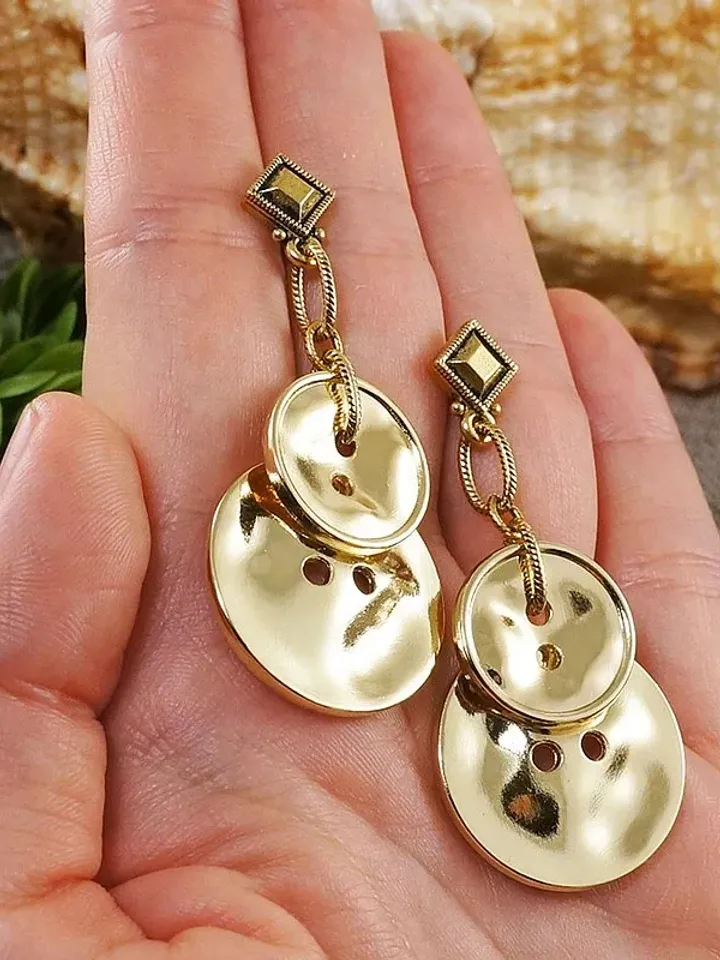 Golden Button Earrings Long Large Geometric Metal Statement Earrings ...