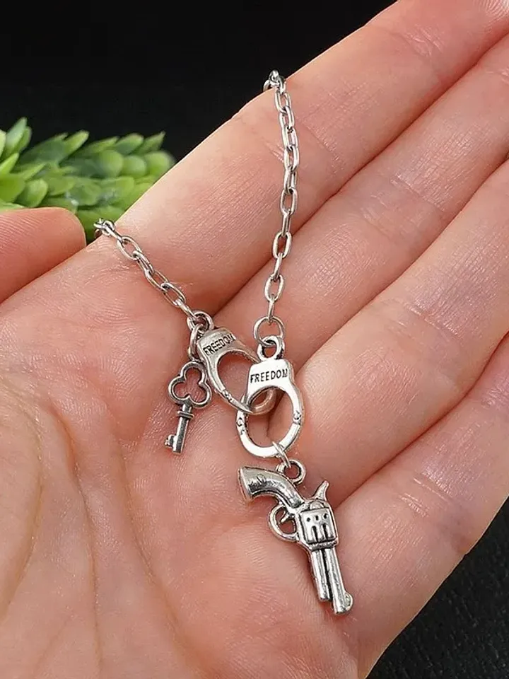 Silver Gun Necklace Handcuffs Pistol Revolver Key Freedom Charm ...