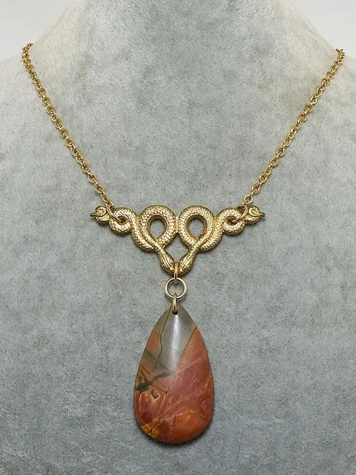 Orange Red Picasso Jasper Gold Brass Snake Pendant Necklace Woman ...