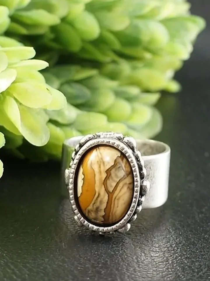 Beige Brown Picture Jasper Adjustable Ring African Jasper Silver Ring ...