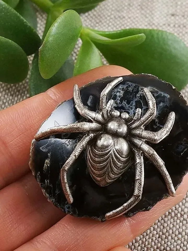 Silver Spider Brooch Black Agate Slice Slab Gemstone Goth Pin Brooch ...