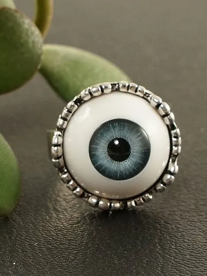 Gray Blue Human Eye Evil Eye Silver Adjustable Protection Ring Unisex ...