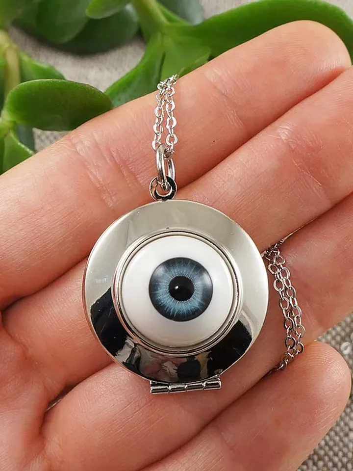 Blue Gray Human Eye Evil Eye Photo Locket Protection Pendant Necklace ...