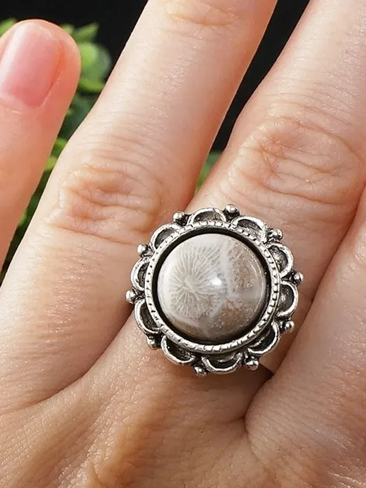 Beige Fossilized Coral Ring Round Ivory Silver Flower Adjustable Ring ...