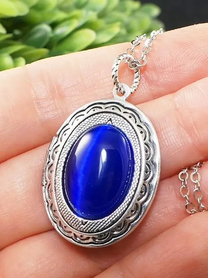 Ultramarine Blue Cat Eye Oval Silver Locket Keepsake Pendant Necklace ...