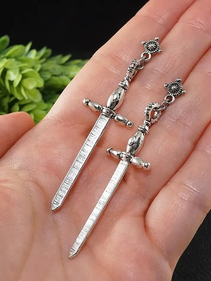 Silver Sword Dagger Knife Blade Goth Long Large Dangle Drop Earrings ...