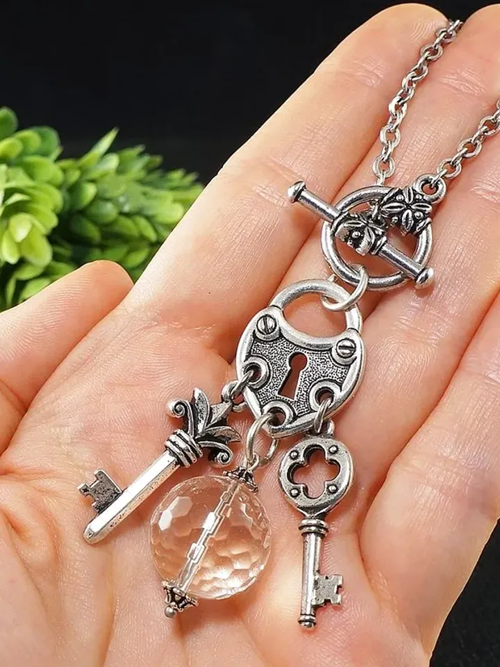 Silver Key Lock Clear Quart Prism Ball Steampunk Toggle Pendant ...