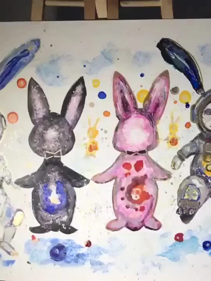 Cosmic bunnies original watercolour and alcohol inks mix media painting ...