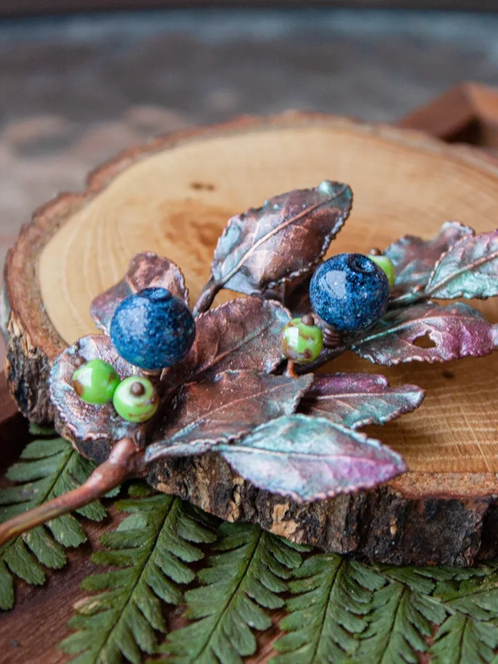 Copper hairstick blueberry leaf with glass berries, Modern head piece ...