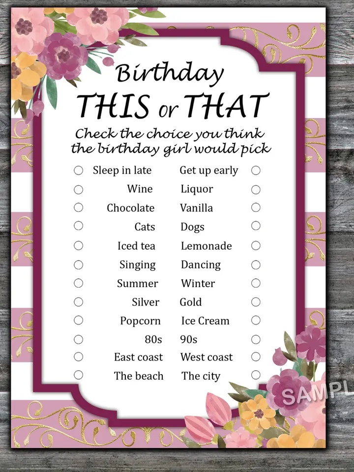 Pink Striped Birthday This or that game,Adult Birthday party game-fun ...