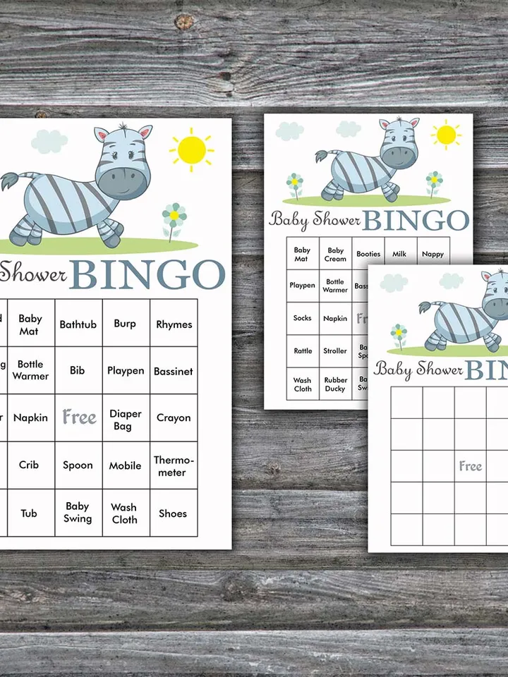 60 Baby Zebra Baby Shower Bingo Cards,Safari theme animals Baby Shower ...