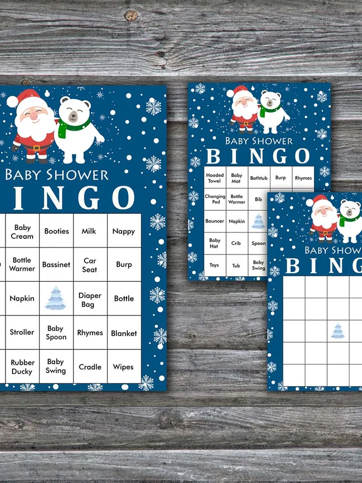 60 Santa and polar bear Baby Shower Bingo Cards,Christmas Baby Shower ...