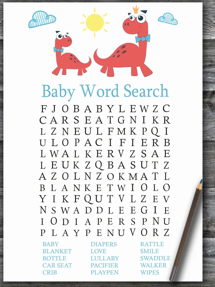 Red Dinosaur Baby shower word search game card,Dinosaur Baby shower ...