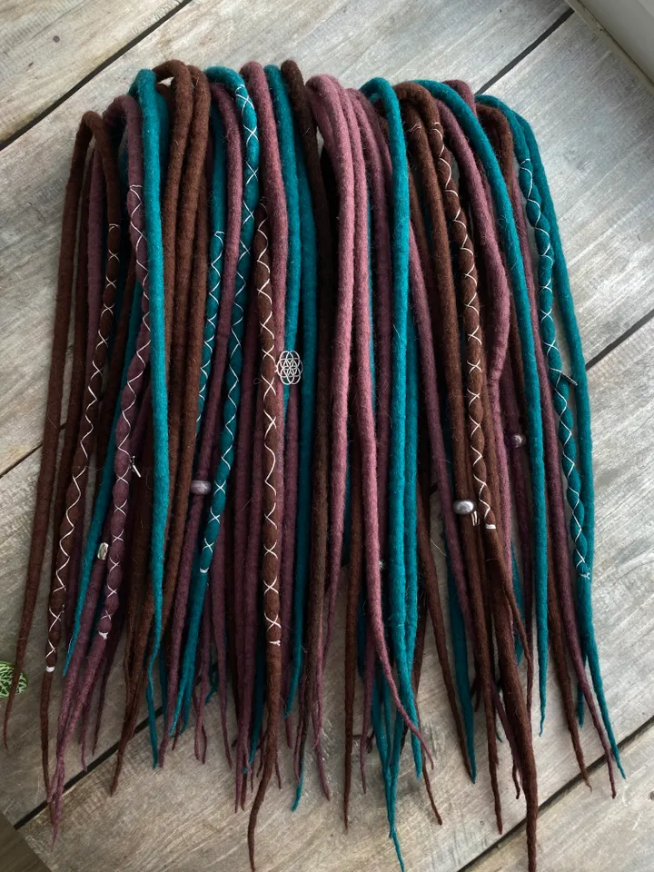 Wool dreadlocks set: Coffee brown, turquoise green and ash pink double ...