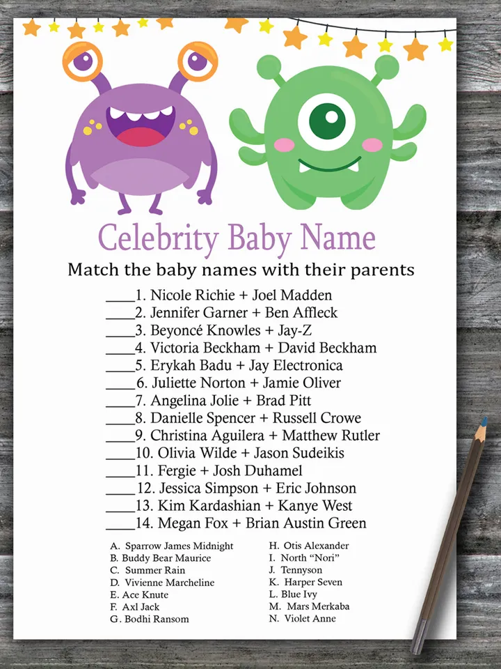 Monster Celebrity baby name game card,Little Monster Baby shower games ...