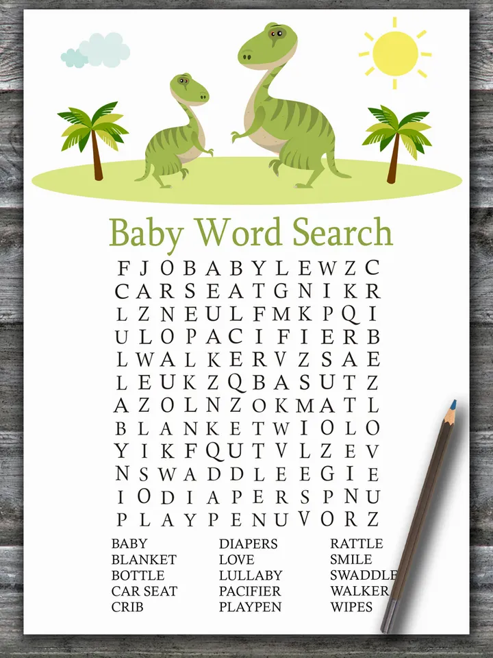 Dinosaur Baby shower word search game card,Dino themed Baby shower ...