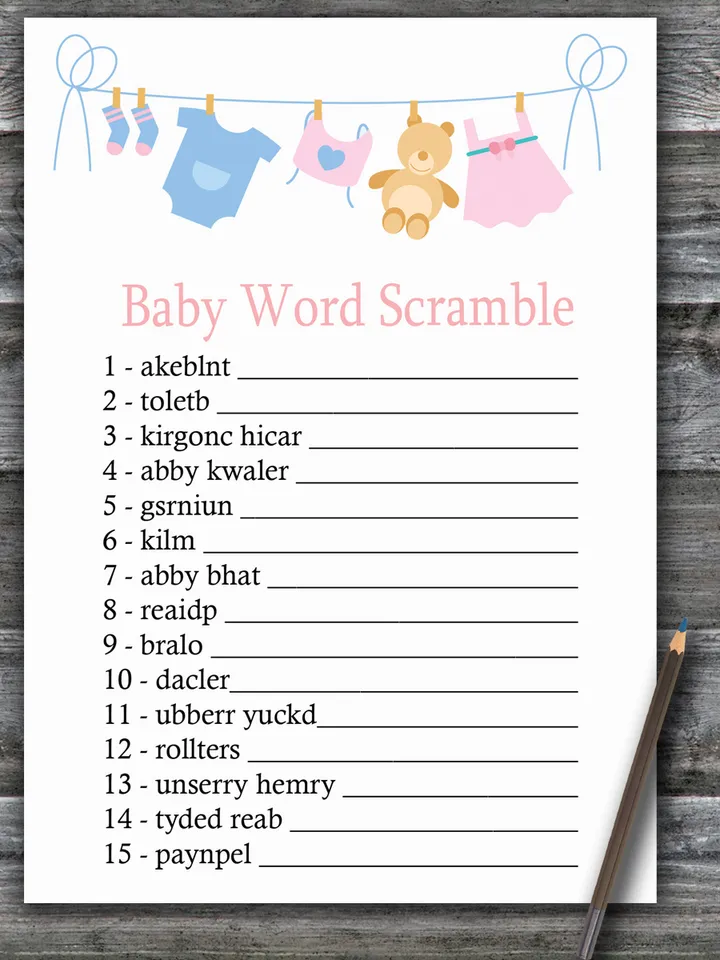 Clothesline Baby word scramble game card,Clothesline Baby shower games ...