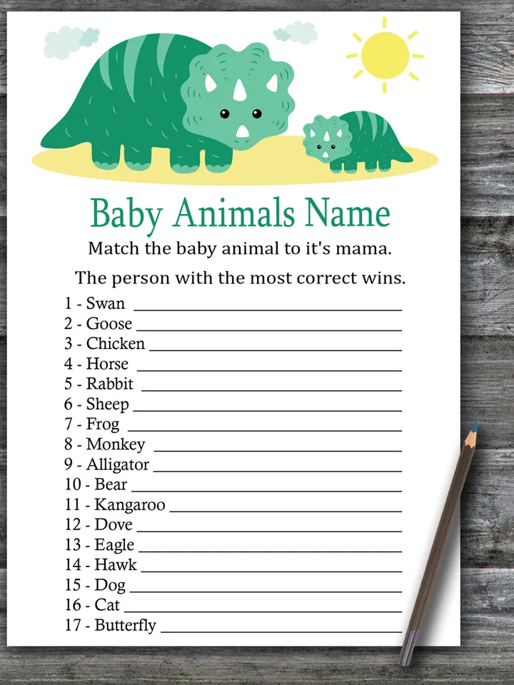 Dinosaur themed Baby animals name game card,Dinosaur Baby shower games ...