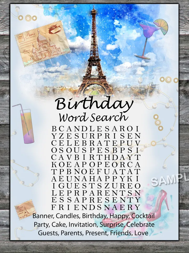 Paris themed Birthday Word Search Game,Adult Birthday party game-fun ...