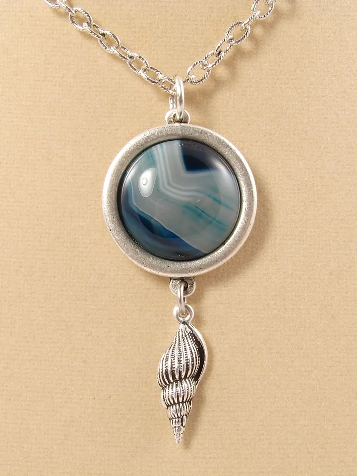 Silver Shell Marine Blue Teal Agate Nautical Seashore Jewelry Pendant ...