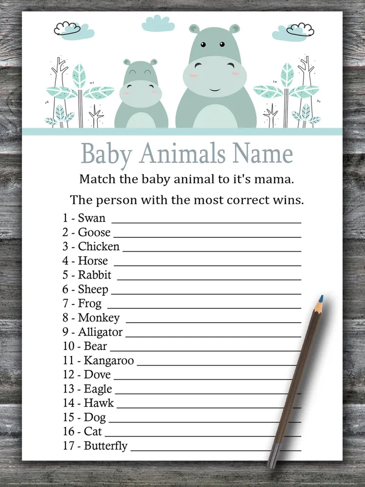 Blue Hippo Baby animals name game card,Hippo Baby shower games ...
