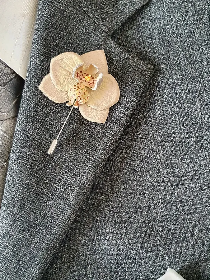 Beige orchid men's lapel pin Leather boutonniere for him 3rd ...