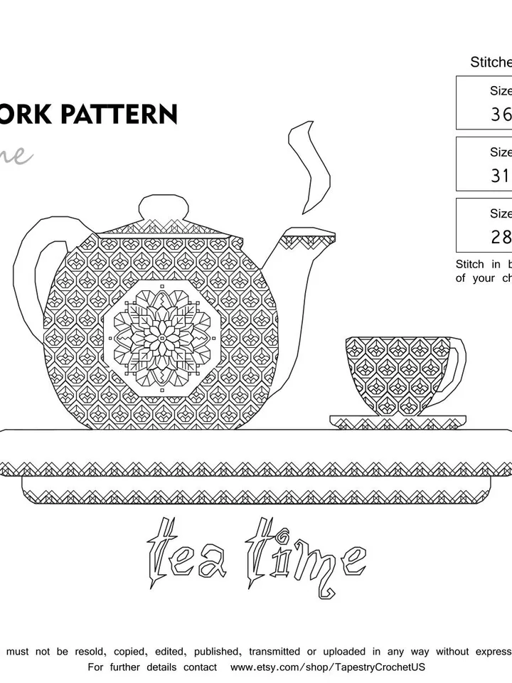 BLACKWORK pattern - Tea time - Cross Stitch Pattern - Embroidery Sampler - Carpet Cross Stitch ...