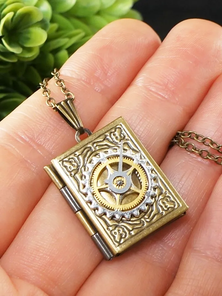 Steampunk Locket Necklace Rectangle Watch Parts Gears Pendant Necklace ...