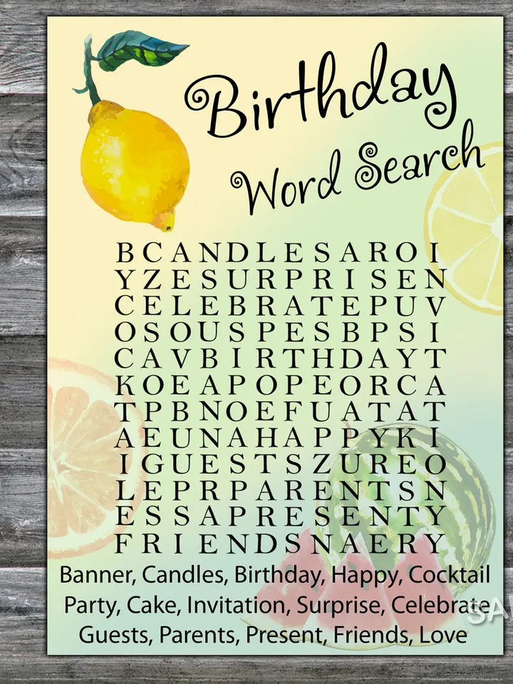 Lemon Birthday Word Search Game,Adult Birthday party game-fun games for ...