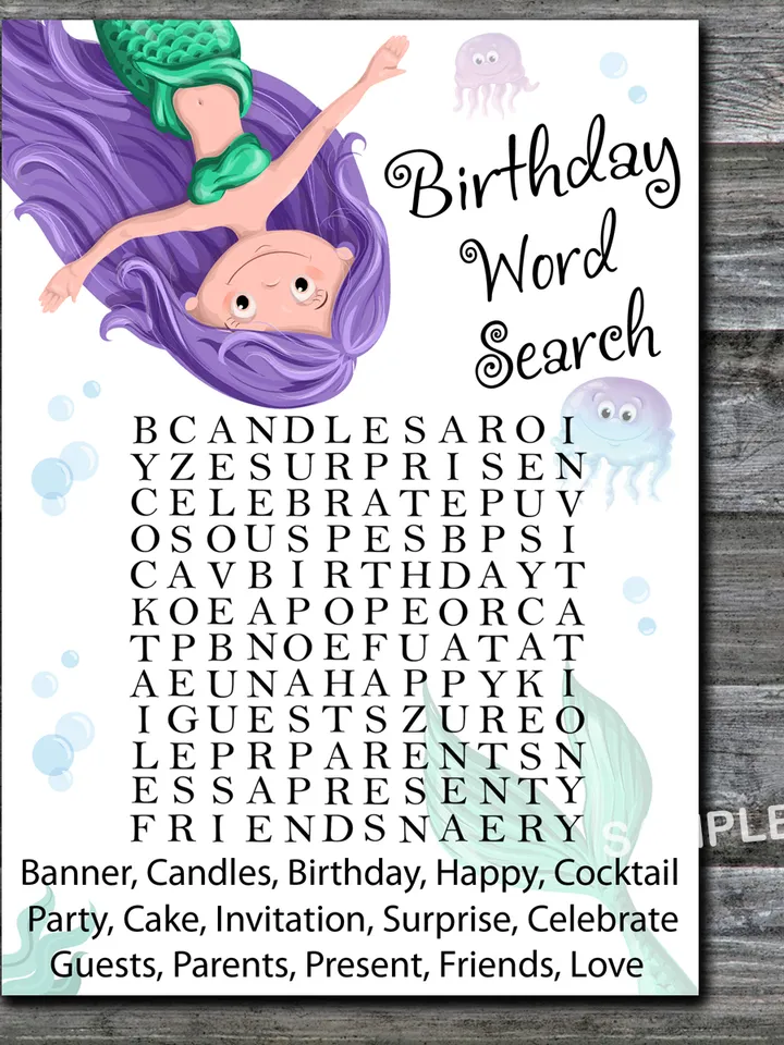 Mermaid Birthday Word Search Game,Adult Birthday party game-fun games ...