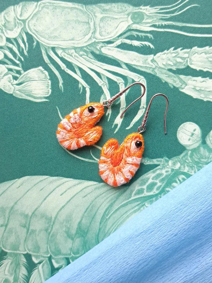 Shrimp Earrings Hand Embroidered Unique Ocean Inspired Jewelry Quirky shrimp-earrings-hand-embroidered-unique-ocean-inspired-jewelry-quirky