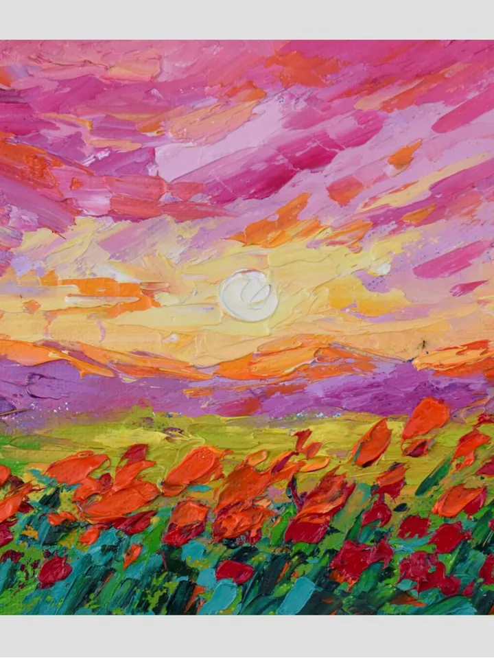 Tuscany art Sunset painting Poppy original art landscape artwork 6 by 6 ...