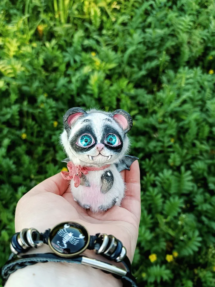 Panda bat is miniature handmade stuffed art toy polymer clay creature ...